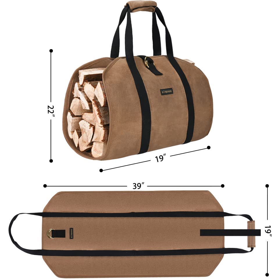 Firewood Carrier,Large Wood Carrying Bag with Handles Fireplace Log Carriers & Holders,Security Strap Camping Wear-Resistant & Dirt-Proof Waxed Canvas Indoor Stand Brown(Double Brass Rings)
