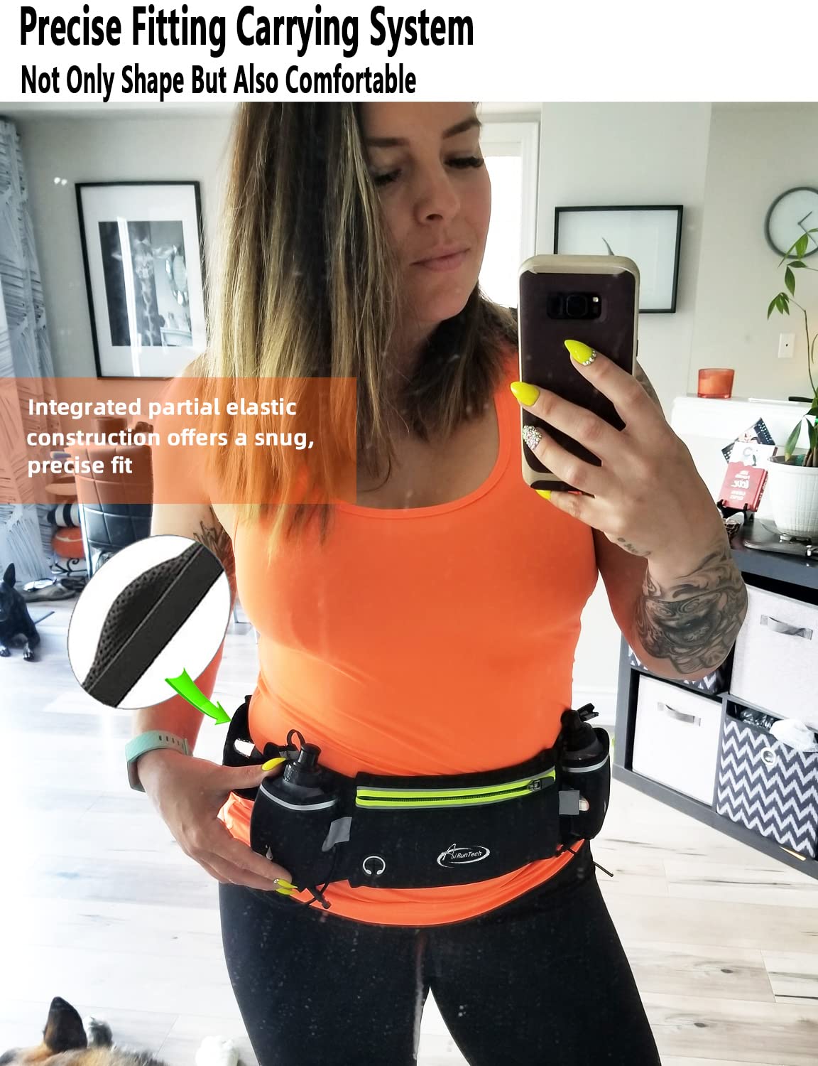 AiRunTech Running Belt with Water Bottles No Bounce Hydration Belts Can be Cut to Size Design Strap for Runners(2 * 6 OZ bottles)