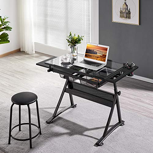 Yaheetech Drawing Table, Art Craft Desk with Adjustable Tabletop, Painters/Artist Work Station, Study Table with Stool, Tempered Glass Top
