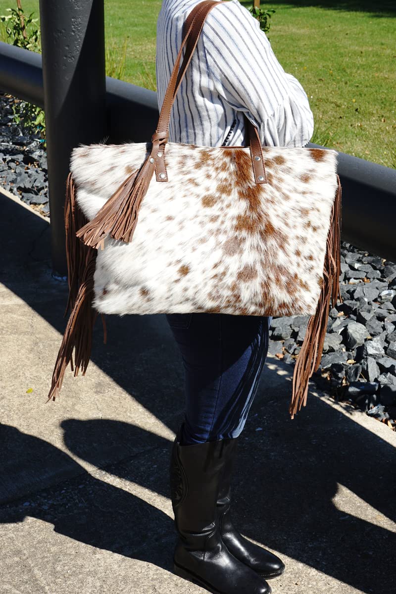 bonanza leathers Cowhide Shoulder Bag - Stylish Western Fringe Purse w/Zipper Closure - Durable Western Tote Bag & Leather Bag for Daily Use - Western Purse w/Unique Cowhide Pattern - Chocolate