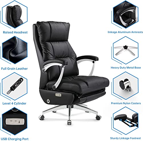 LEAGOO Automatic Executive Office Chair High-Back Electric Reclining Office Chair with Footrest, Ergonomic Computer Desk Chairs with Wheels and Linkage Arms Swivel Rolling Chair with Genuine Leather