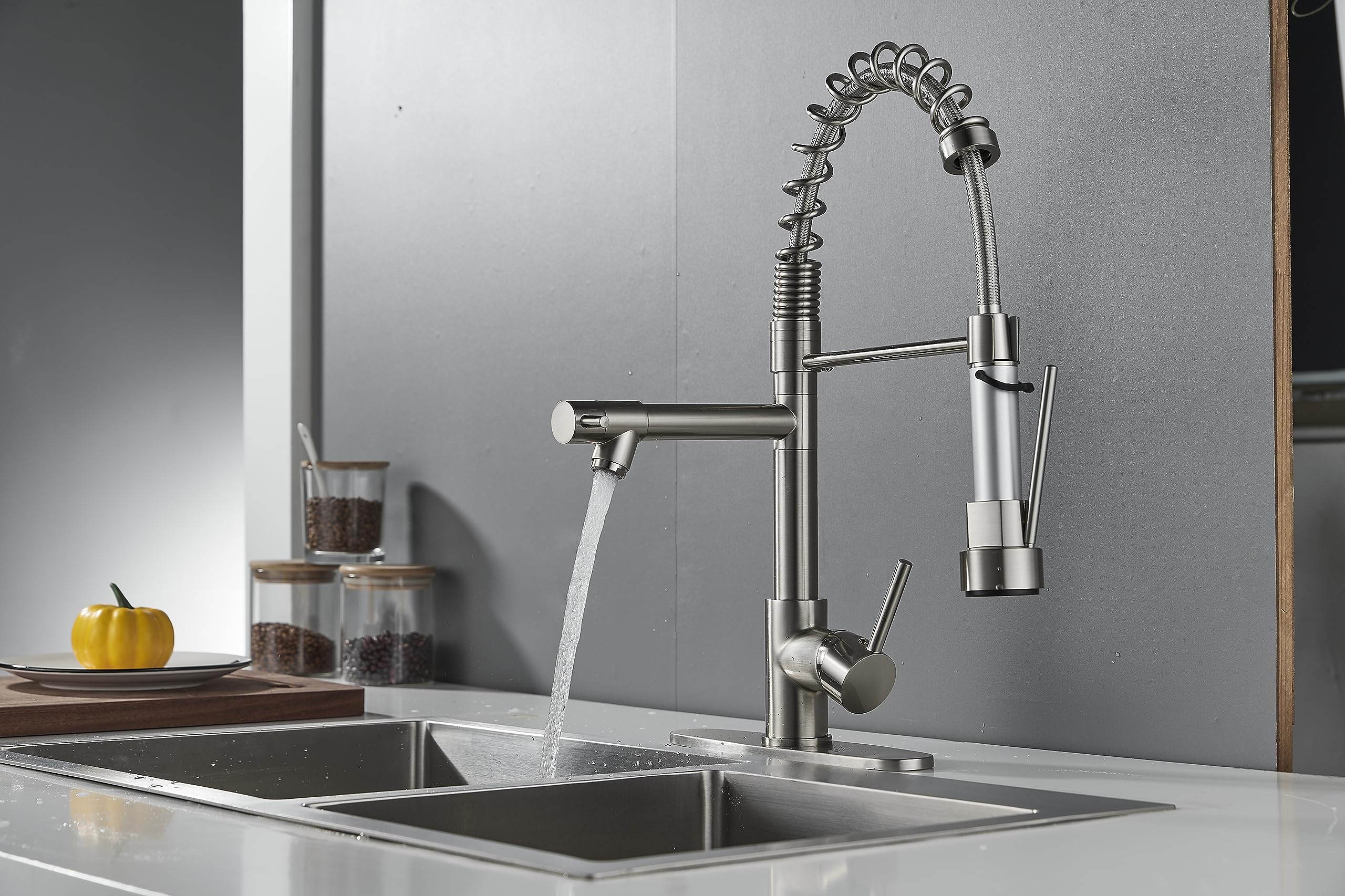 ALPHYSE Kitchen Faucet with Pull Down Sprayer, Single Handle High Arc Spring Kitchen Sink Faucet, Grifo para Fregaderos De Cocina with Deck Plate, Brushed Nickel