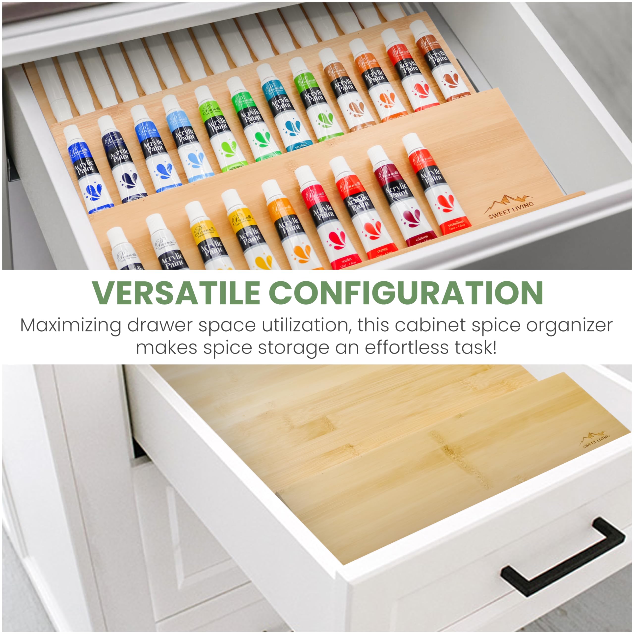 Bamboo Spice Drawer Organizer Insert for Shallow Drawers - 4 Tier In Drawer Spice Organizer (5" D x 13" W x 1.2" H)- Stackable Spice Rack for Drawer for Spice Organization- Drawer Spice Rack Organizer