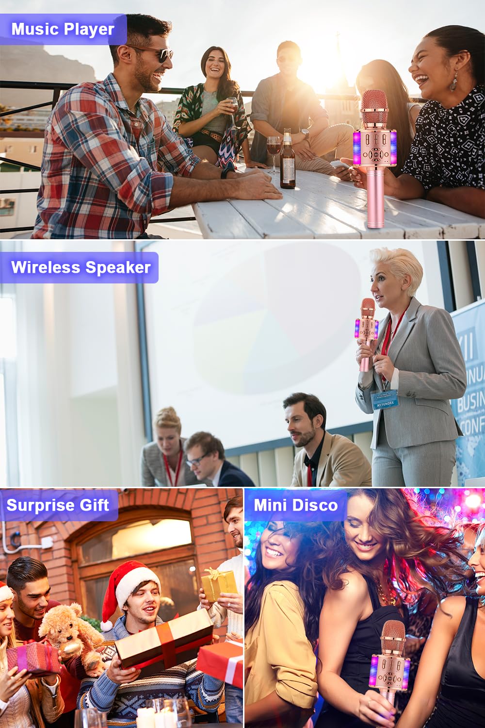 BONAOK Microphone for Kids Wireless, Magic Sound Karaoke Wireless Microphone, 4 in 1 Bluetooth Karaoke Machine, Adult Car Karaoke Mic Singing Machine, for Party/Outdoor/Travel 868 (Rose Gold Plus)