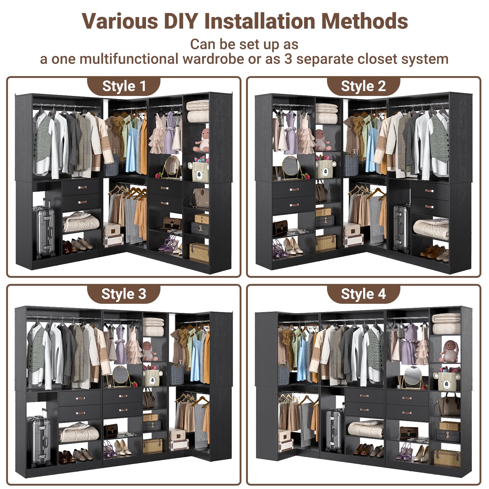 armocity Freestanding Closet System with 3 Sets, 110'' Reversible Stand-alone Wardrobe, 80'' Height Cloth Garment Organizer, Walk-in Closet with Hanging Rod, 71" Lx71 Wx80 H, Load 2500 LBS, White Oak