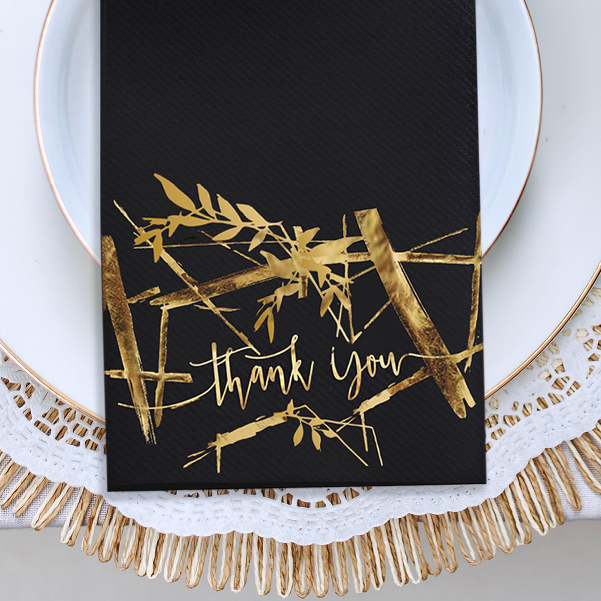 Black and Gold Napkins for Wedding Reception, Soft and Absorbent Fancy Paper Napkins for Party 50-Pack, Disposable Dinner Napkins, Thank You Napkins, 3-Ply Fold, 12" x 17", Thick 55gsm
