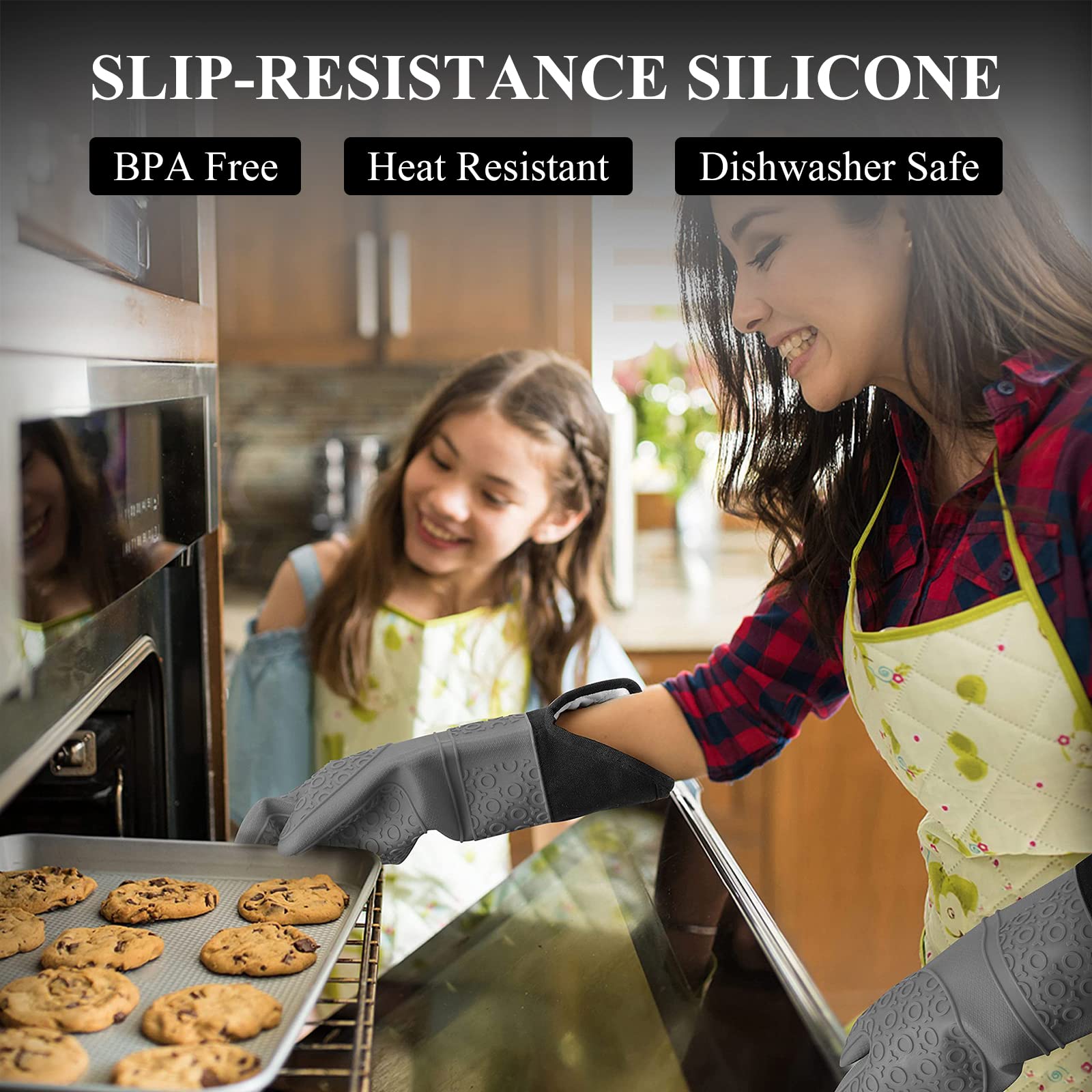 AOFUXTI Silicone Oven Mitts and Pot Holders Sets - Extra Long Heat Resistant Oven Gloves with Hot Pads and Mini Oven Mittens for Grilling, Kitchen Baking Cooking, Soft Quilted Liner, Pack of 9 (Gray)