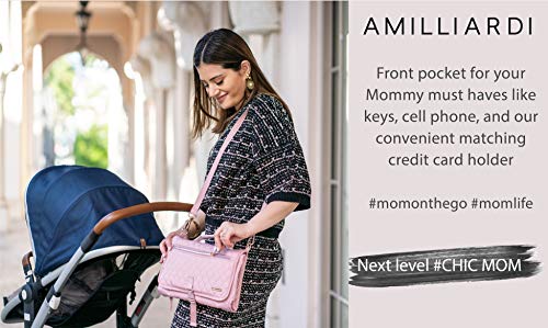 AMILLIARDI Stylish Diaper Changing Pad Portable with Credit Card Holder, Changing Mat, Removable Pad for Baby, Infant, Newborn, Travel, Hook-on Shoulder Strap, 3 Zipped Pockets (Light Pink)