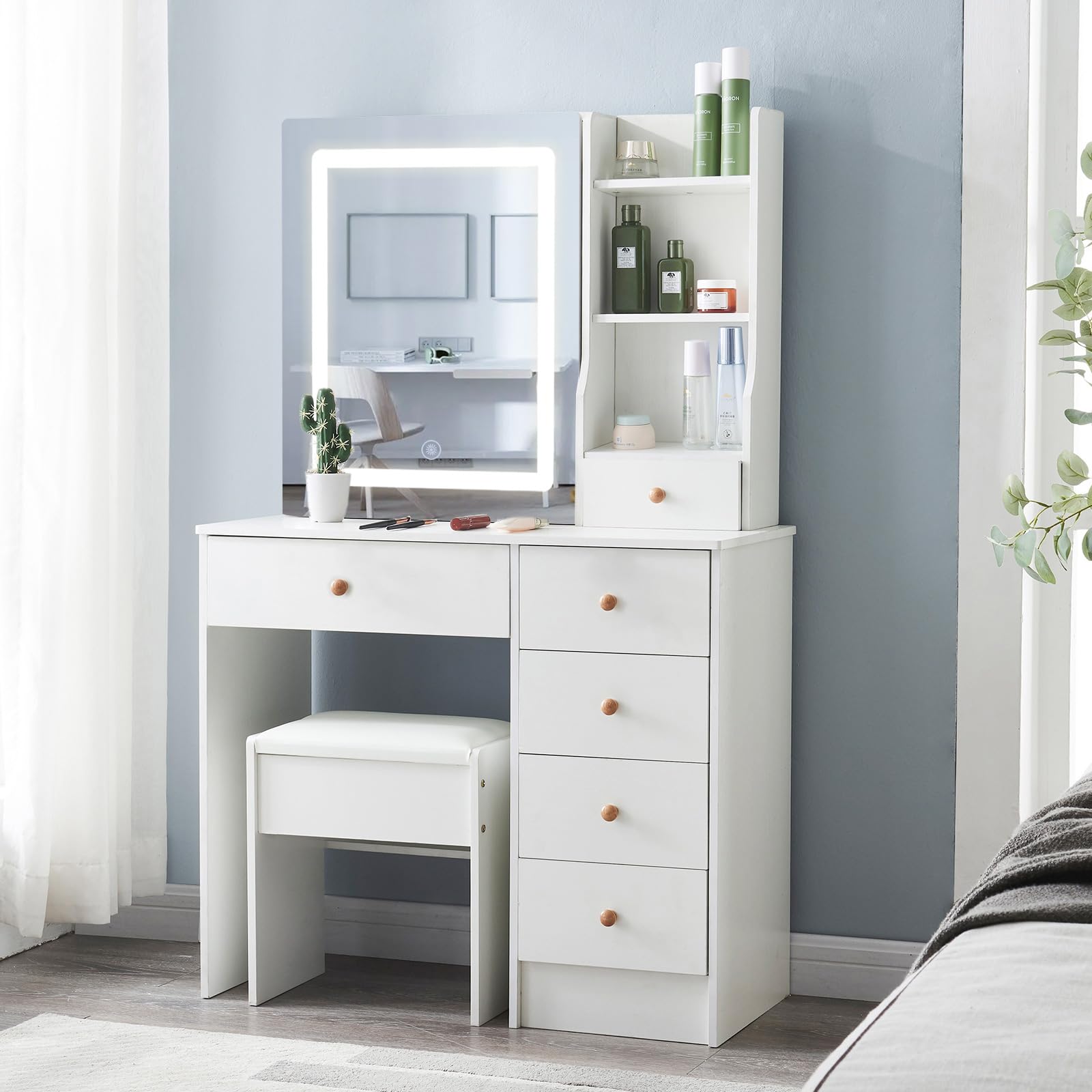 Abesthink Vanity Set Dressing Table with LED Lighted Makeup Mirror, Modern Vanity Table Desk with LED Lights & Storage Drawers and Stool for Bedroom,Girls Women…