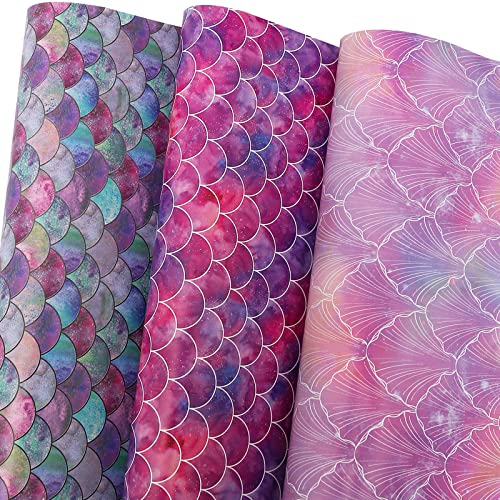 BULKYTREE Birthday Wrapping Paper with Cut Lines for Girls Boys Kids Women Men - 3 Large Sheets Galaxy Mermaid Scale Scallop Gift Wrap for Graduation Anniversaries - 27 Inch X 39.4 Inch Per Sheet