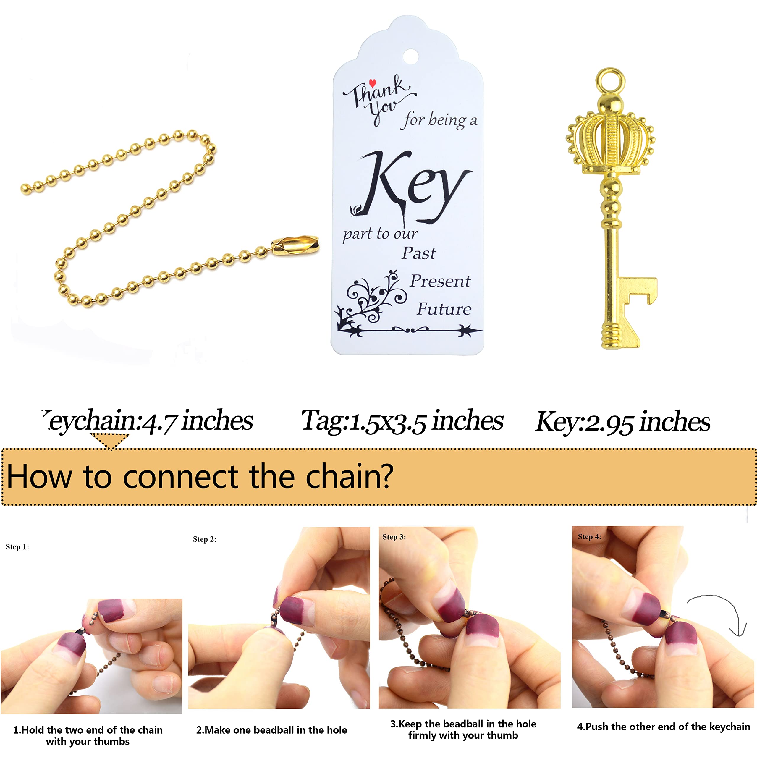 Aokbean 52 pcs Crown Key Bottle Opener with Tag and Keychain,Vintage Skeleton Key Bottle Opener for Wedding Party Favors (Gold)
