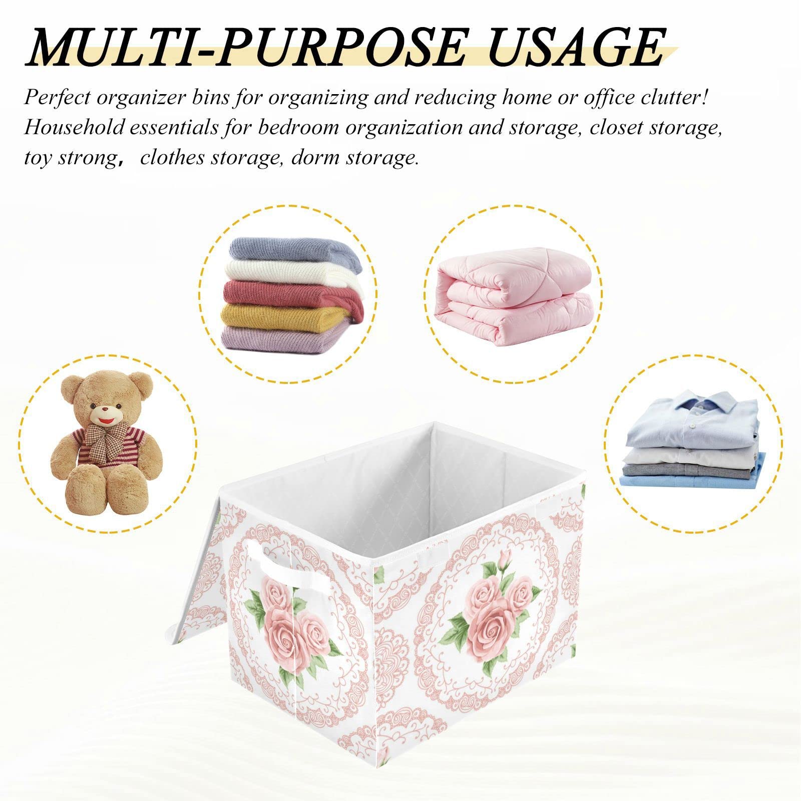 SUABO Pink Rose Storage Bin with Lid Large Oxford Cloth Storage Boxes Foldable Home Cube Baskets Closet Organizers for Nursery Bedroom Office