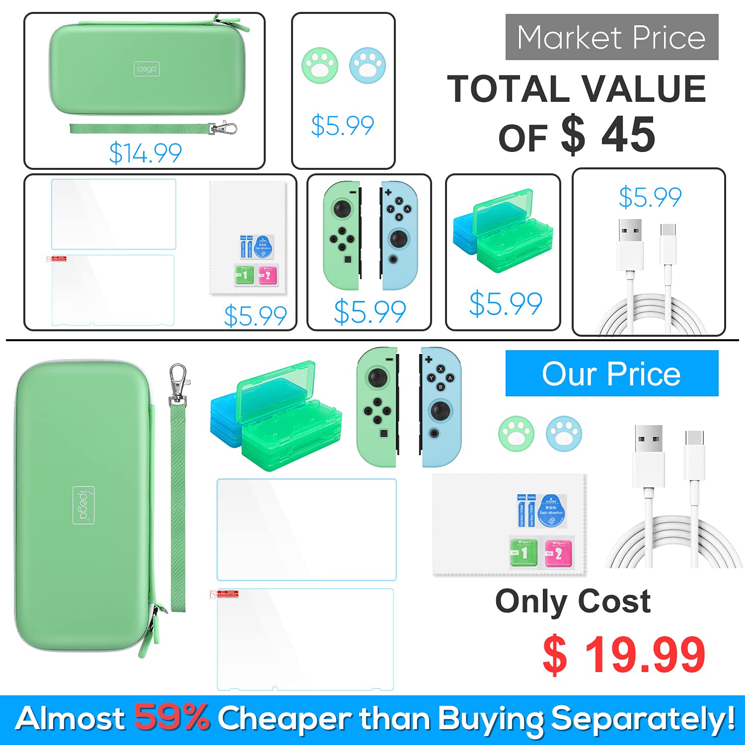 Accessories Bundle Compatible with Nintendo Switch & OLED Model 2021,13 in 1 Accessories kit with Carrying Case,Screen Protector,Game Storage Case,Silicone Case,Thumb Grip Cap Compatible with Joy-Con