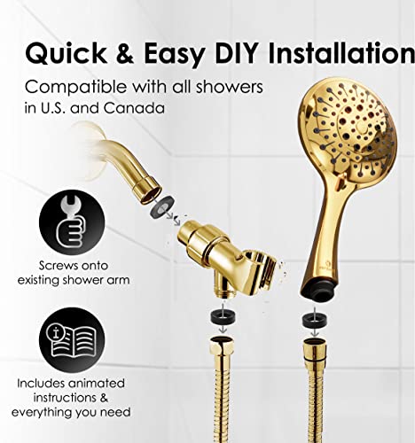 Aquarius Gold Shower Head With Handheld Sprayer, 6 Spray Settings High Pressure Polished Brass Shower Head With Hose (Extra Long) & Adjustable Brass Ball Bracket Kit, Shower Head Gold Finish