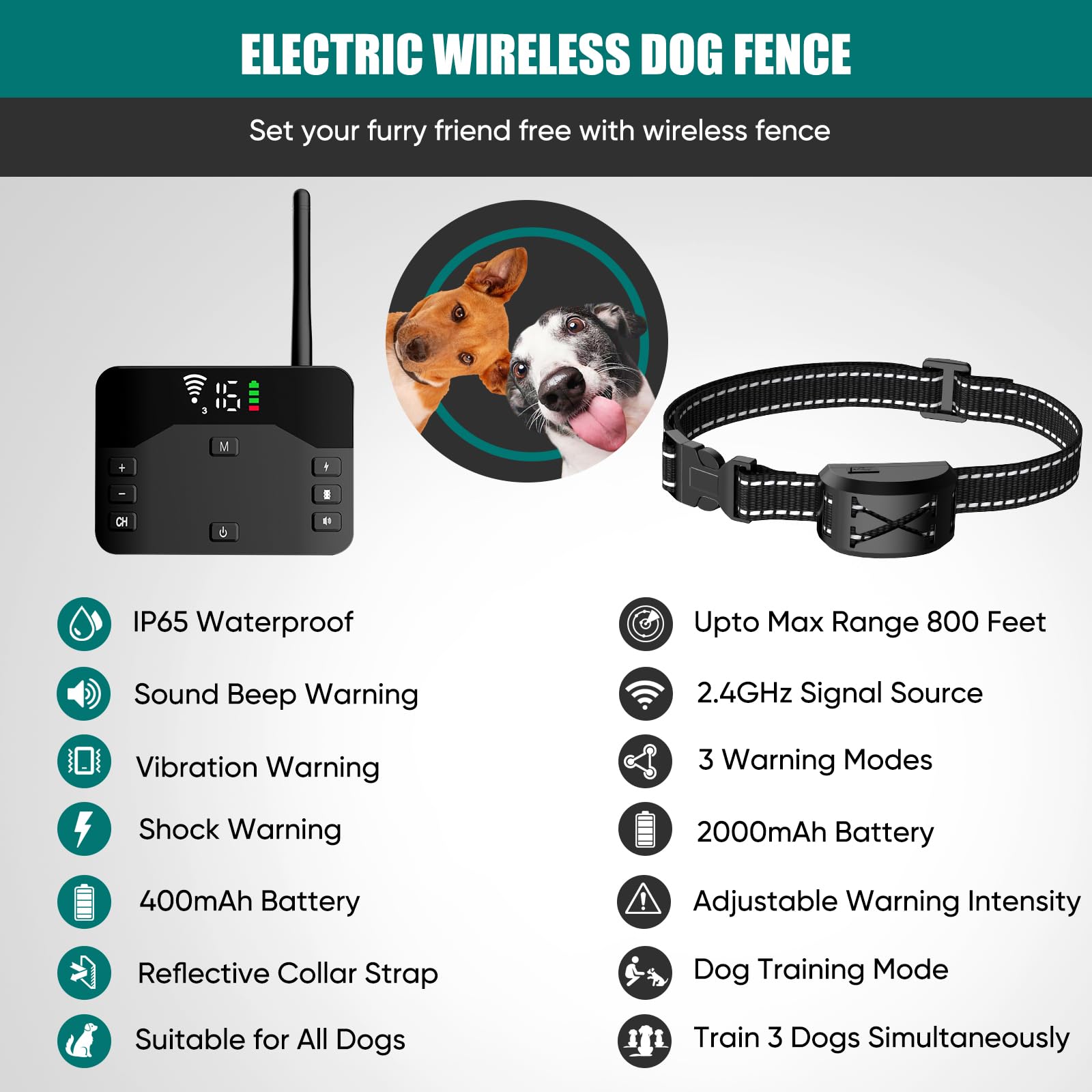 ABHY Electric Dog Fence, 2023 Wireless Dog Collar Fence System,Rechargeable Pet Containment System, Outdoor Remote Training Collar, Adjustable Shock Collar for Large and Medium Dogs