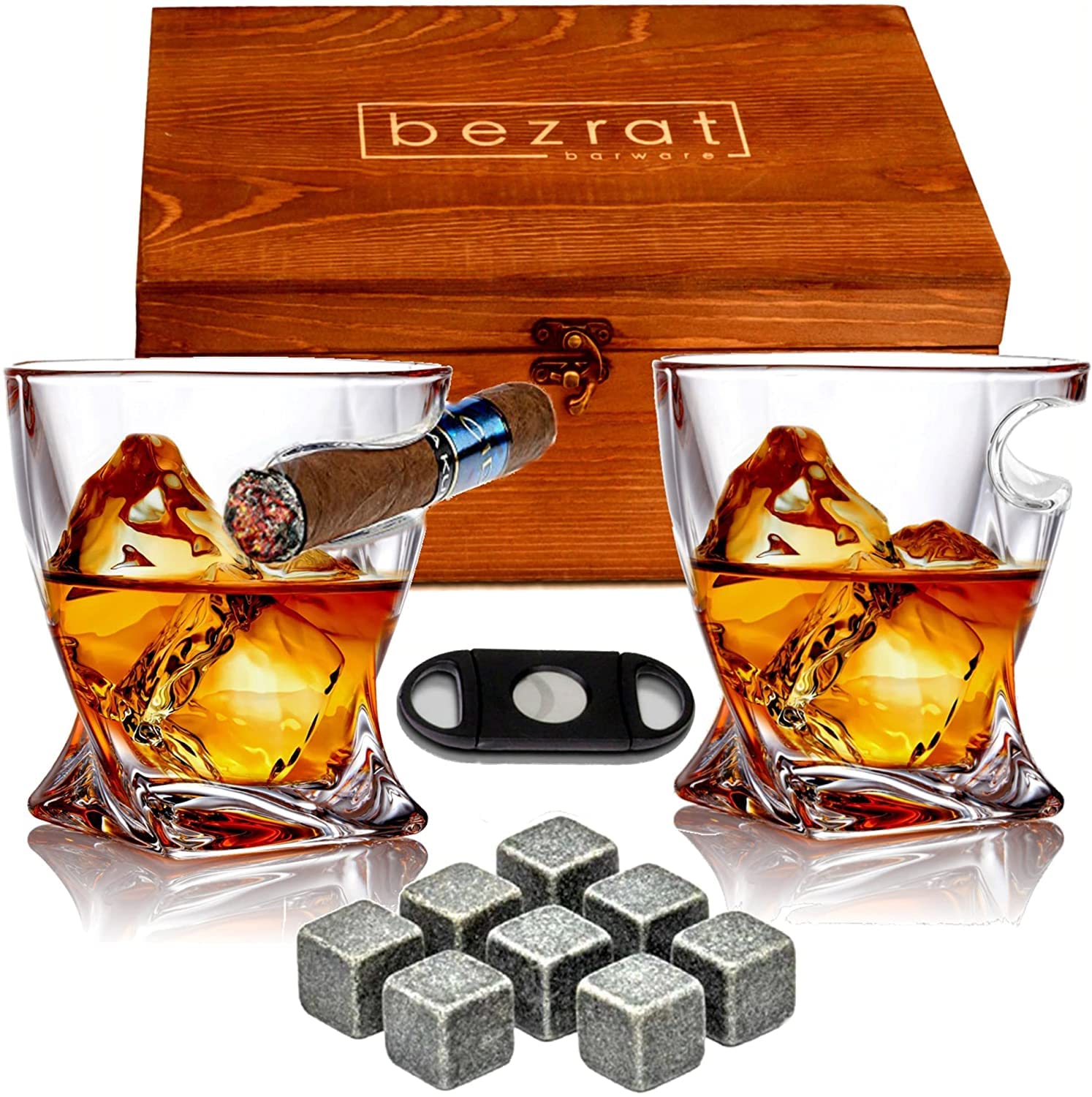 Bezrat Whiskey Cigar Glasses Gift Set - with Side Mounted Cigar Rest - Whisky Chilling Stones and accessories in Wooden Box - Scotch Bourbon Christmas Gift for Dad, Husband, Fathers Day, Birthday