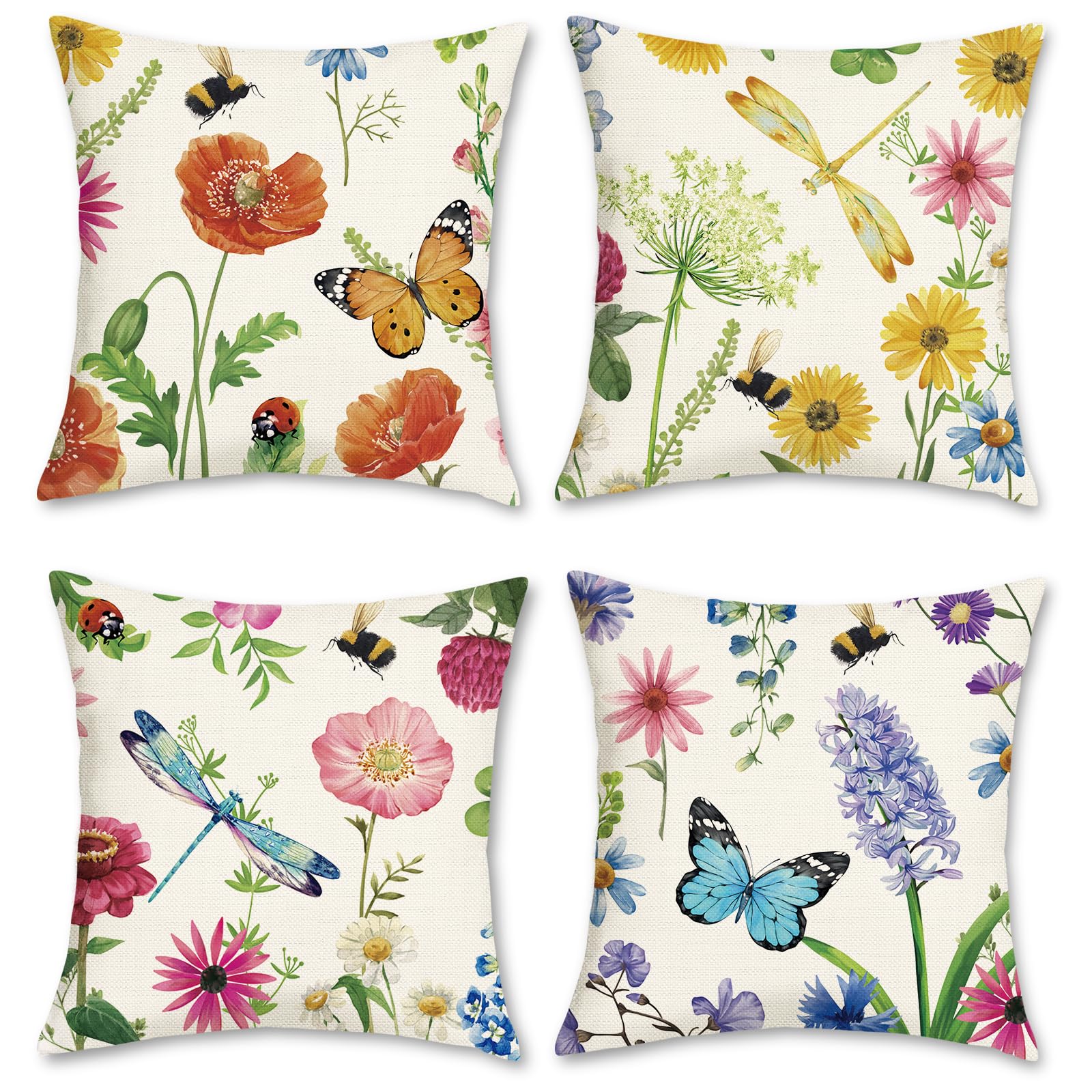 Bonhause Spring Floral Throw Pillow Covers 18x18 Set of 4 Wildflowers Plants Butterfly Patio Decorative Pillow Cushion Cases Outdoor Cushion Covers for Couch Sofa Bedroom Car Home Decor