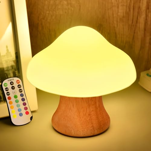 ANGTUO Wooden Mushroom Lamp, 16 Color Changing Mushroom Night Light, Adorable Mushroom Light with Two Remotes