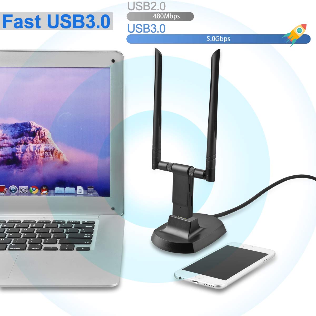 USB WiFi Adapter, 1200Mbps Dual Band 2.4GHz/300Mbps 5.8GHz/867Mbps High Gain 5dBi Antennas USB 3.0 Wireless Network Adapter for PC Desktop Laptop with Windows 10/8/7/XP/Vista, Mac OS, Linux
