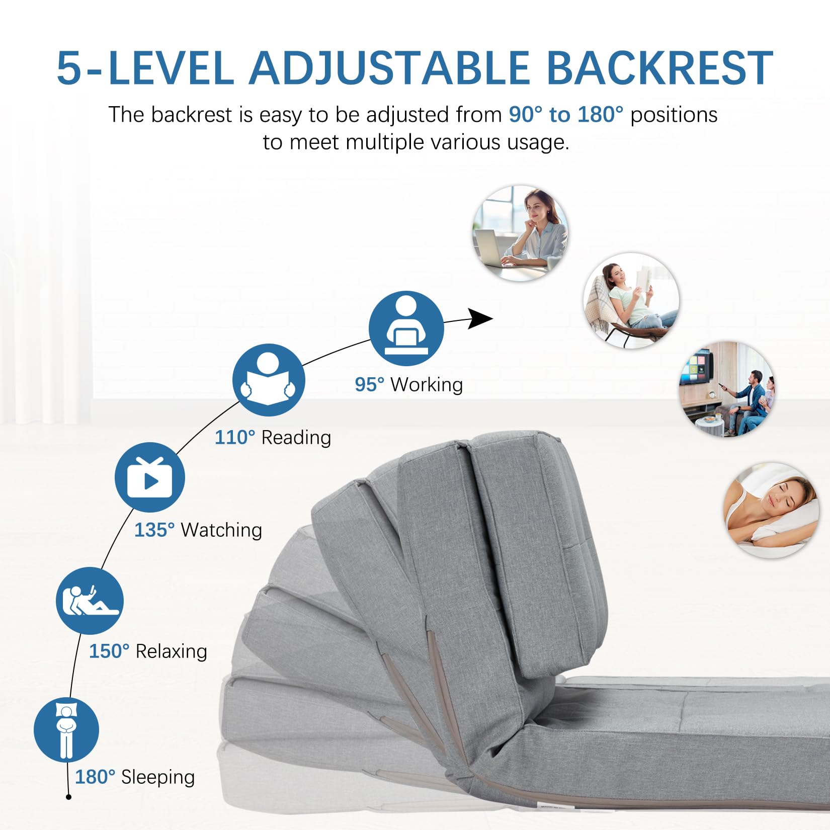 ACIPENSER Floor Sofa Couch, Convertible Floor Couch Bed with 5-Position Backrest, 4-in-1 Upholstered 6" Thickness Folding Sofa Bed Mattress for Living Room, Bedroom, Guest Reception, Dorm, Grey