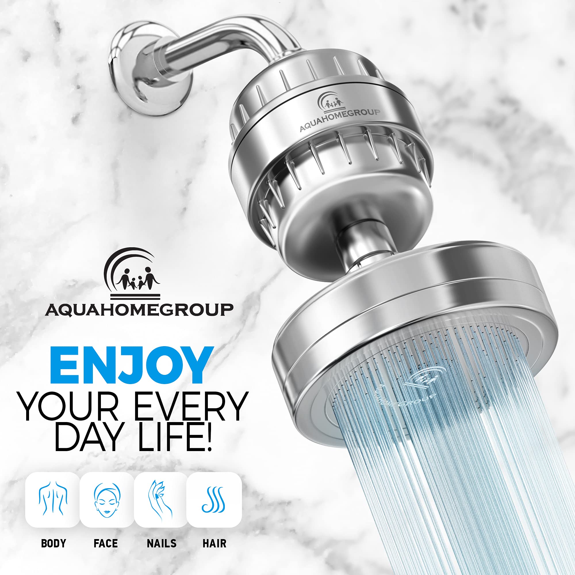 AquaHomeGroup Luxury Filtered Shower Head (Metal) 2 Cartridges Vitamin C+E+A + 5 Shower Caps - Reduses Chlorine & Sediments - Consistent Water Pressure - Massage and SPA Effery Shower Head