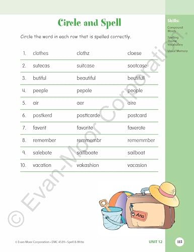 Evan-Moor Skill Sharpeners Spell and Write Workbook, Grade 3, 120 Spelling Words, Test Prep, Word Families, Short Vowels, Grammar, Punctuation, Creative Writing, Vocabulary, Activities, Homeschool