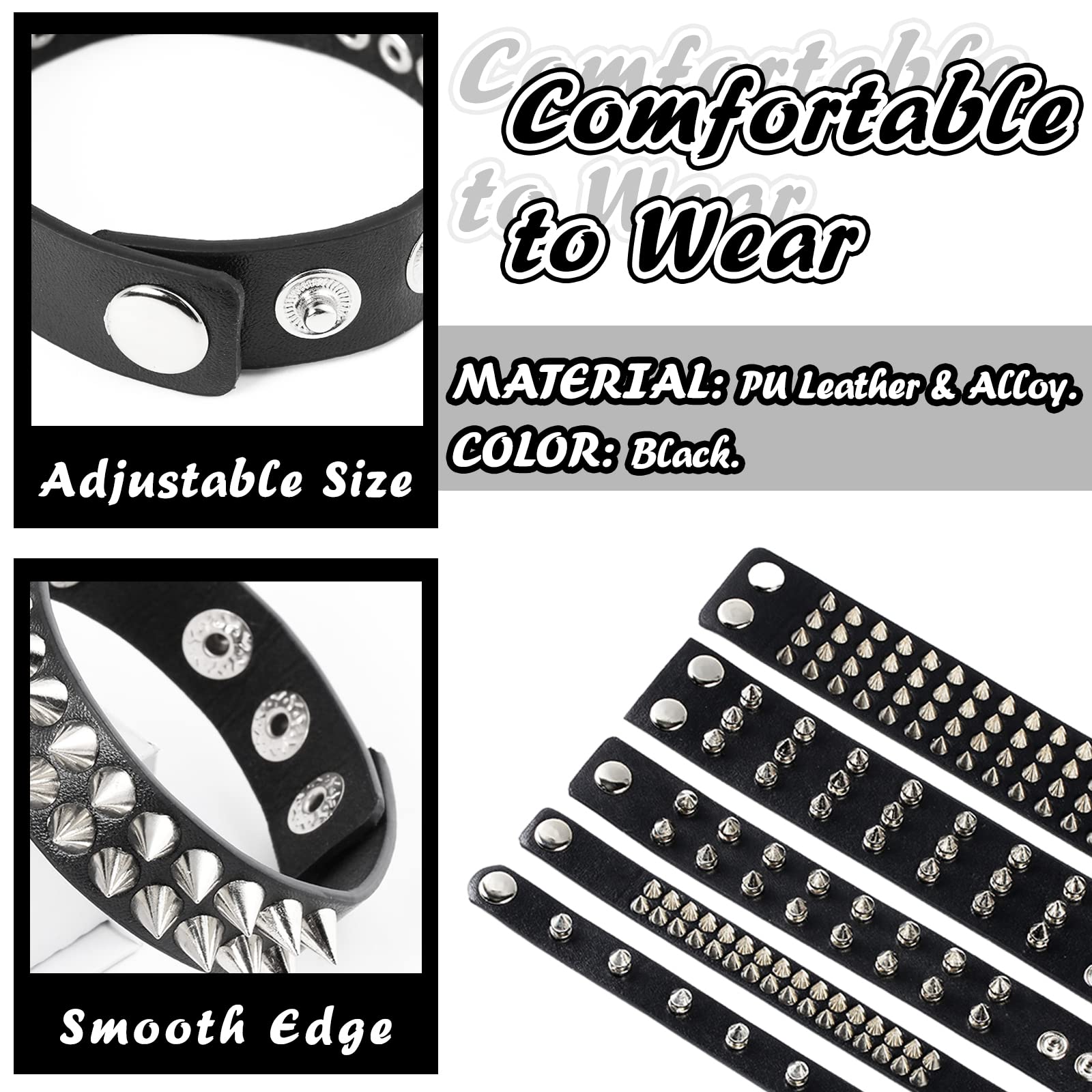 6 Pieces Punk Studded Bracelet Goth Bracelet Leather Rivets Spike Bracelet Cuff Adjustable Metal Wristband Gothic Accessories for Men Women Halloween