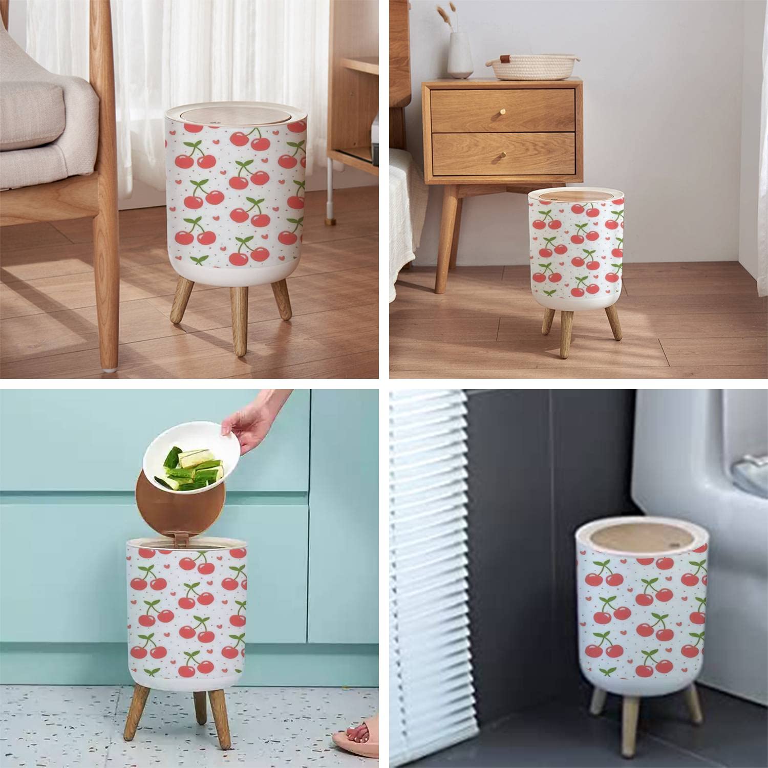 LGCZNWDFHTZ Small Trash Can with Lid for Bathroom Kitchen Office Diaper Cherry Fruit Cute Heart Fruit Cartoon Seamless dot Bedroom Garbage Trash Bin Dog Proof Waste Basket Cute Decorative