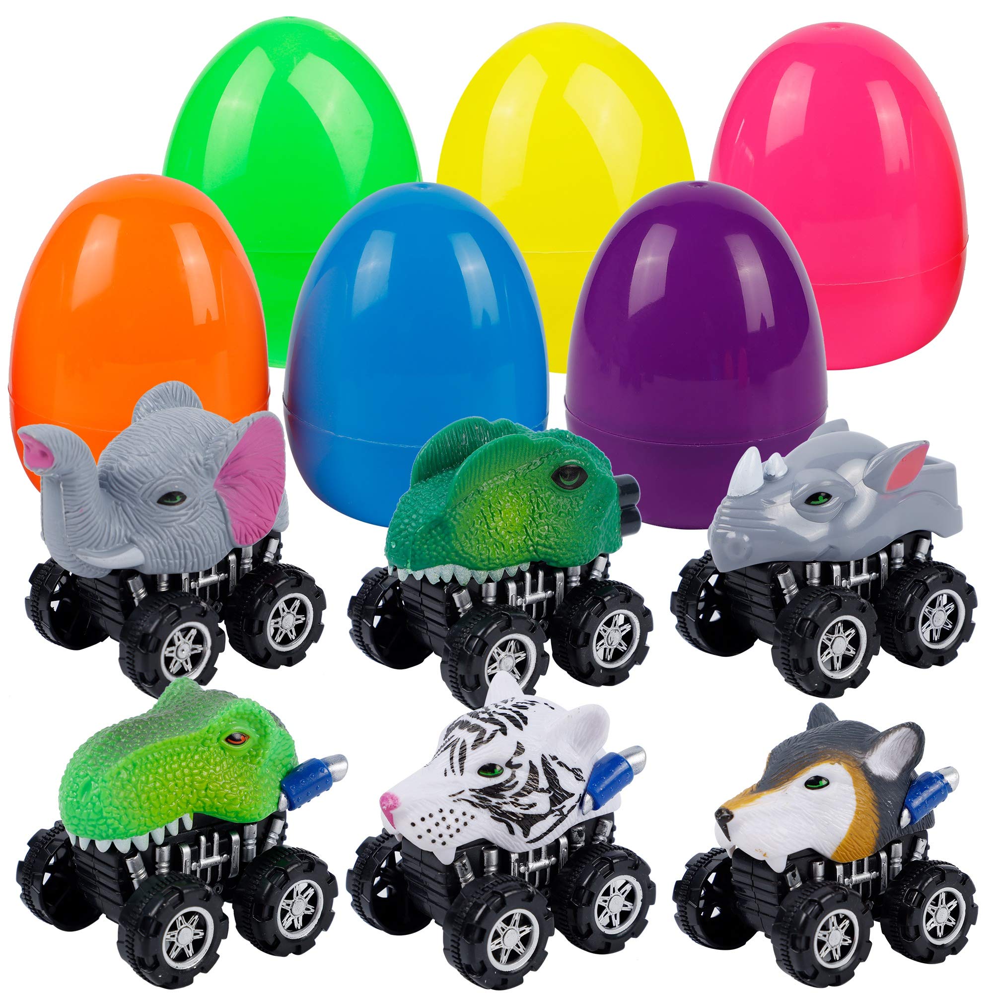 DR.DUDU Large Easter Eggs with Toys Inside, 4 X 3, 6 Pcs Easter Surprise Eggs with 6 Pcs Animal Pullback Toy Cars, Egg Toys for