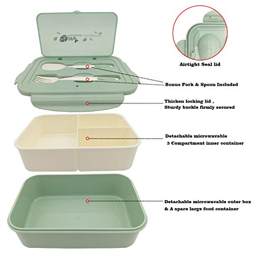 UPTRUST Bento Lunch container For Kids, Bento adult box With 3 Compartment. Leak-proof, Microwave safe, Dishwasher Safe, Freezer Safe,Meal Fruit Snack Packing Box(Spoon&Fork included) (Green)