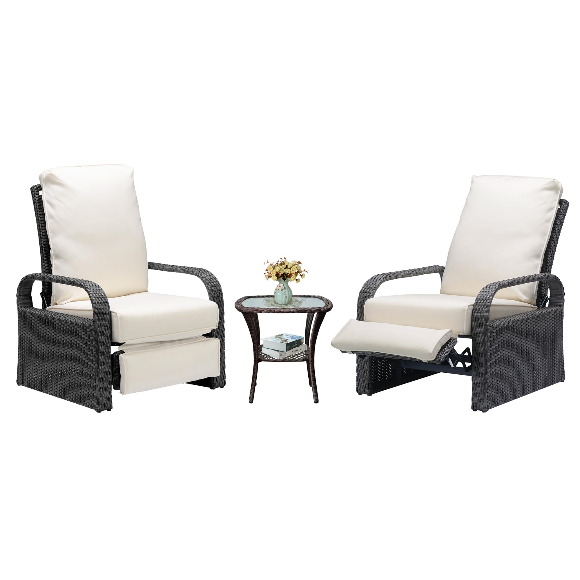 ATR ART TO REAL Outdoor Recliner, Set of 2 Wicker Reclining Chair with Coffee End Side Table, Aluminum Frame Patio Chaise Lounge Chairs with Thicken Cushions(Beige