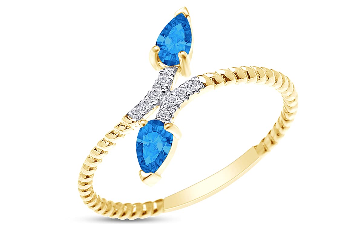 AFFY Pear Shape Natural Diamond And Simulated Blue Topaz In 14K Yellow Gold Over 925 Sterling Silver Ring Size 9