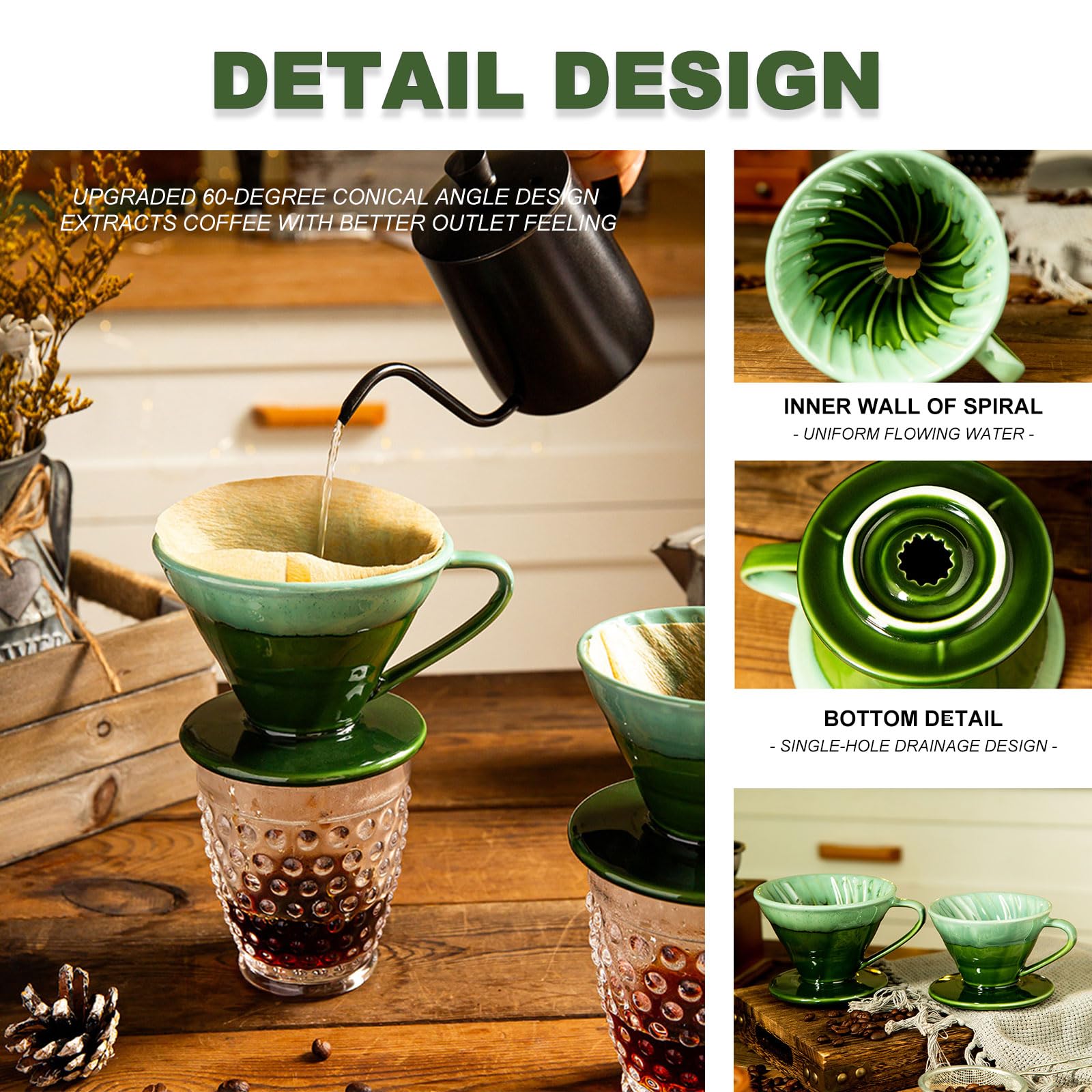Aroplor Ceramic Pour Over Coffee Dripper 01 Ceramic Coffee Maker with 1 Hole,Hand Drip Cone Coffee Filter,Easy Brewing,for 1-2 People (Green)