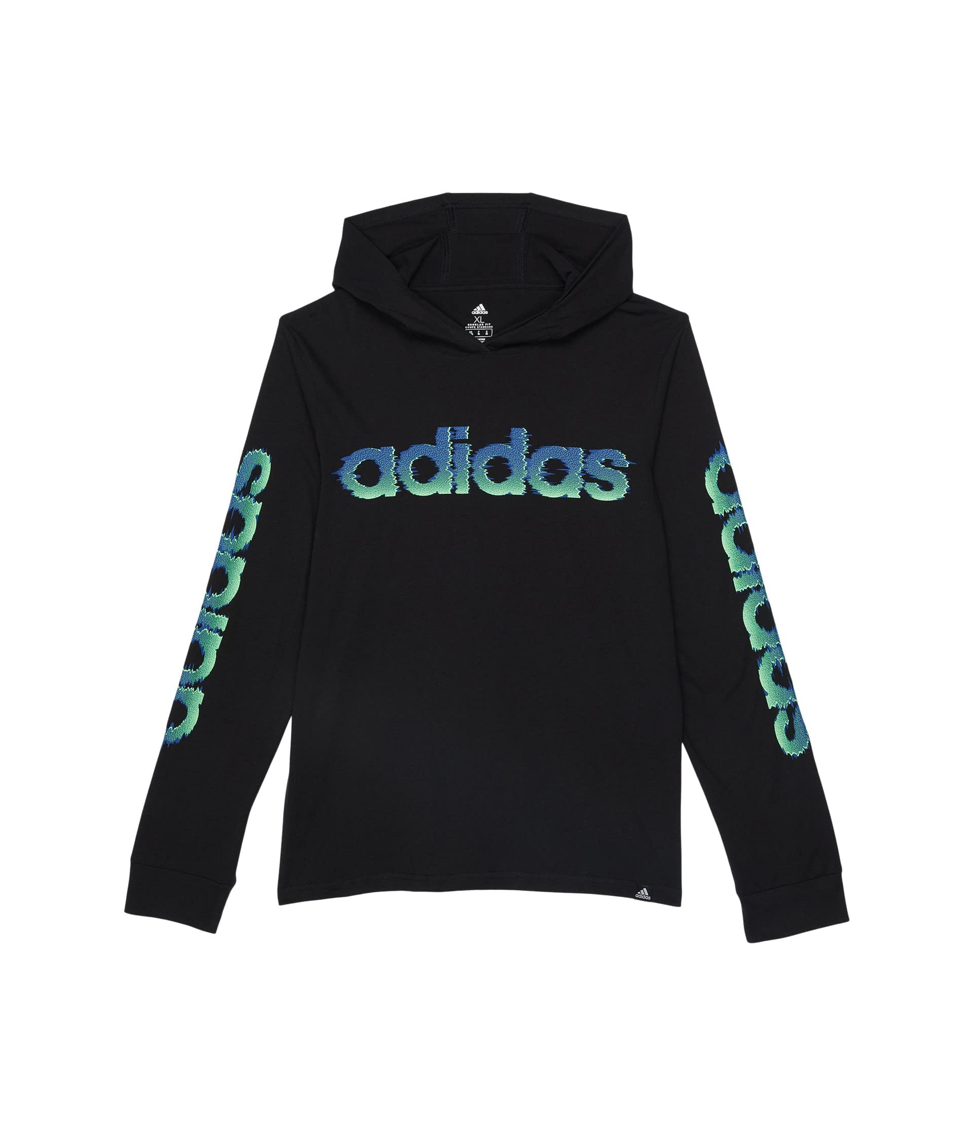 adidas Boy's Long Sleeve Hooded Glitchy Tee (Big Kids) Black LG (14-16 Big Kids)