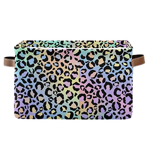 Leopard Storage Basket Fabric Storage Bin Decorative Baskets, Yellow Purple Green Foldable Storage Boxes Organizer Bag for Baby Cloth Dog Toy Book Storage Cubes Shelf Closet Basket 16×12×8 Inches
