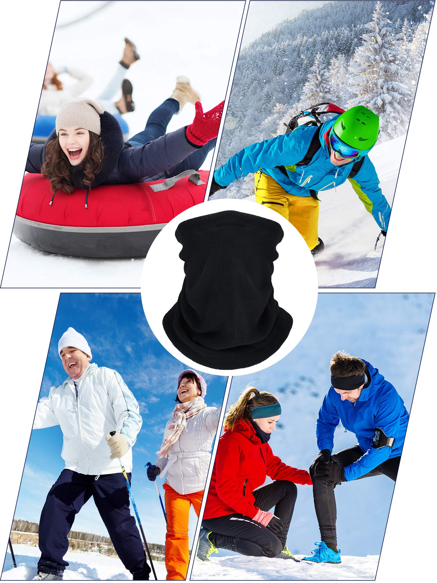 6 Pieces Winter Neck Warmers Fleece Gaiter 3 in 1 Beanie Hat Windproof Neck Scarf with Drawstring for Men Women (Black, Large)