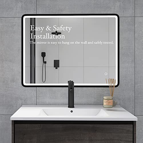 AMOCID Wall Mount Mirror for Bathroom with Lights 32 x 24 inch Rectangular Black Framed Wall-Mount Anti-Fog LED Light Bathroom Vanity Mirror Vertical or Horizontal