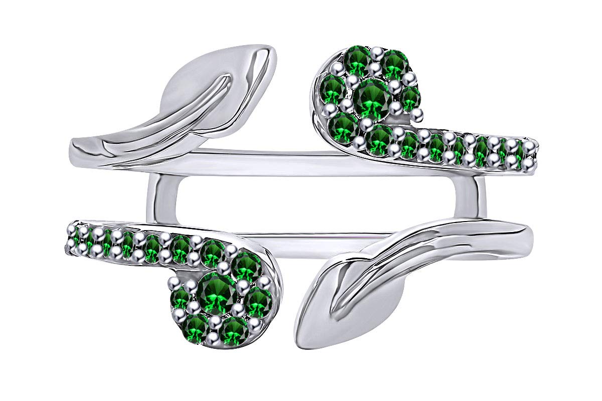 AFFY Round Cut Simulated Emerald Leaf Guard Enhancer Ring in 14k White Gold Over Sterling Silver Ring Size-12