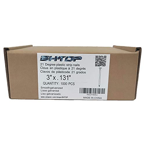 BHTOP 3 Inch Framing Nails, 21 Degree Bright Smooth Shank Plastic Collated Nails for Framing Nailer, 3 x .131,(1000 per Box)
