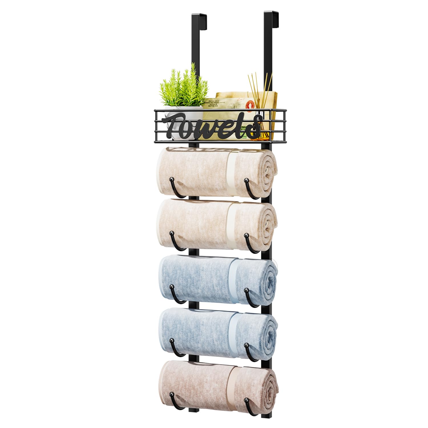 HapiRm 6-Tier Over The Door Towel Racks for Bathroom - Wall Mount Towel Holder with Metal Shelf Basket - Rolled Towel Storage Door Hanging Bath Towel Organizer for Small Bathroom, Camper, Rv - Black