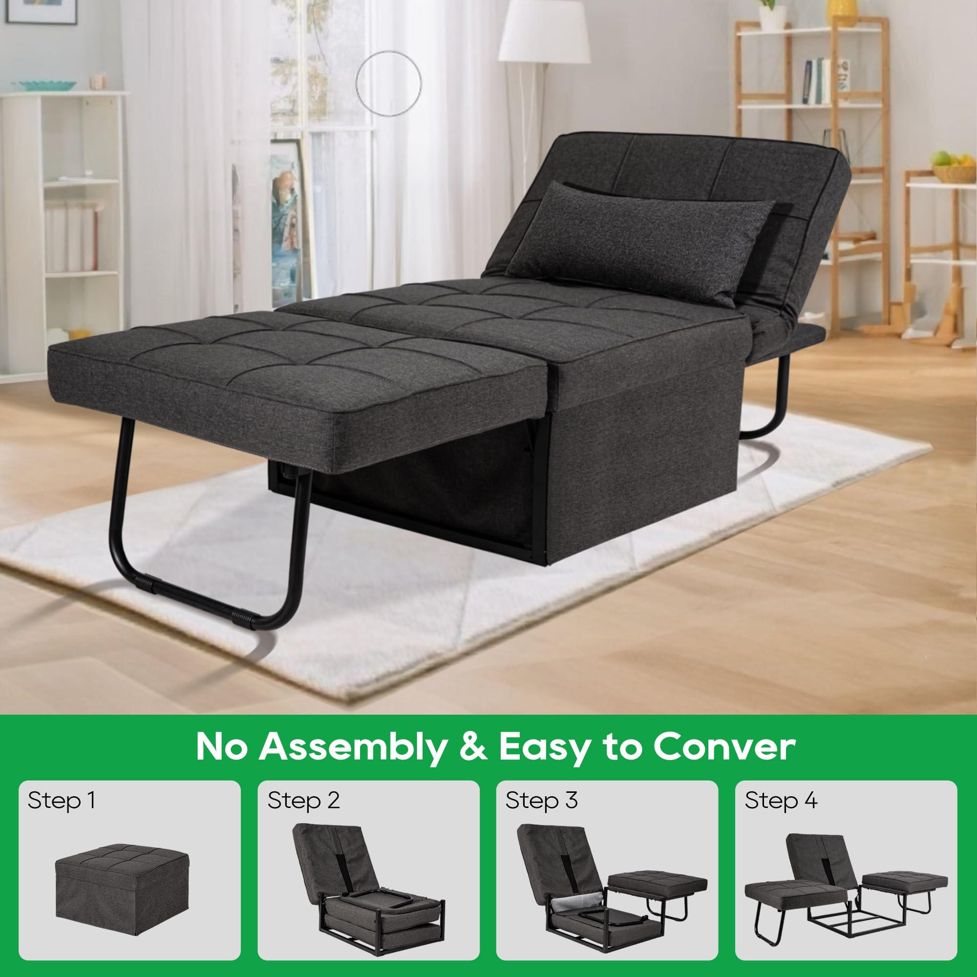 PORWEY Sleeper Chair Bed, 4-in-1 Convertible Futon Ottoman Bed Sleeper, Foldable Sofa Couch with Adjustable Backrest for Guest Room/Office Living Room, No Assembly Required, 29β Width,Gray