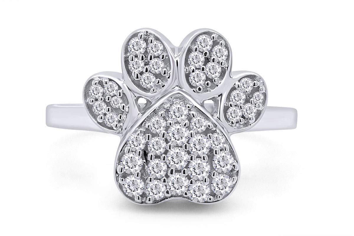 AFFY Round Shape White Cubic Zirconia Dog Pawprint Ring in 14k White Gold Over Sterling Silver (0.4 cttw) Ring Size-5.5