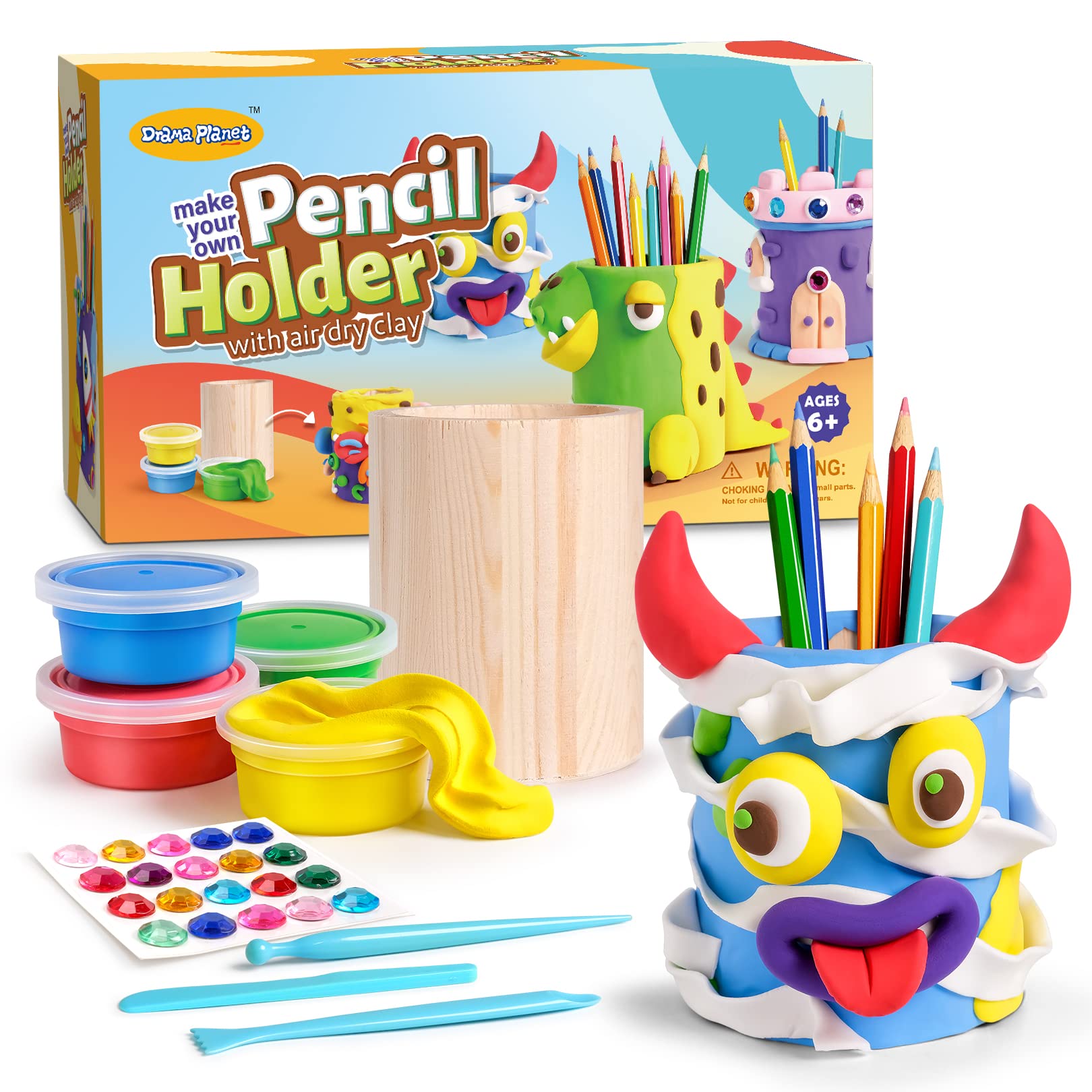 Drama Planet Arts and Crafts Kit for Kids, Make Your Own Pencil Holder with Air Dry Clay, Modeling Clay for Kids, Gift for Boys and Girls Ages 6 7 8 9 10 Years Old and Up