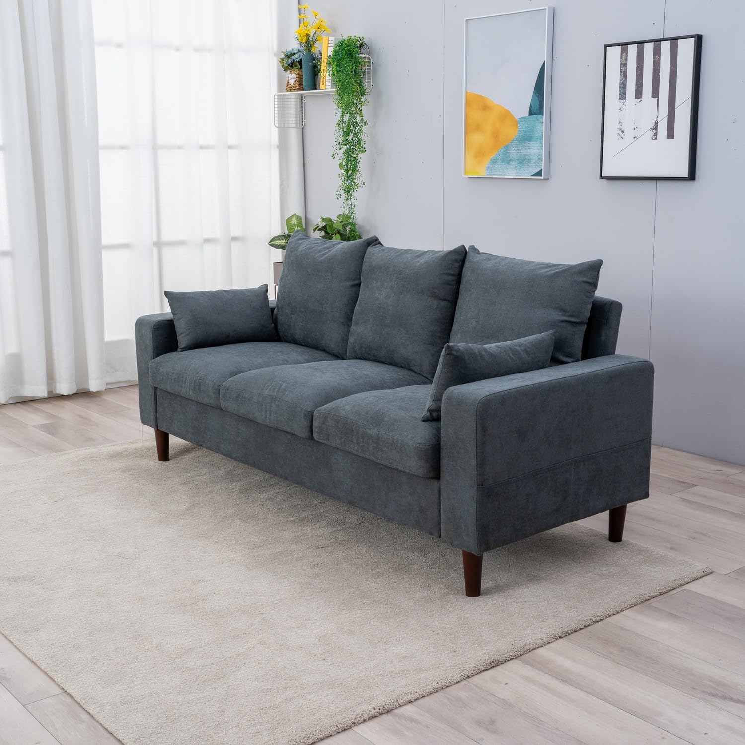 Panana 3 Seater Sectional Upholstered Fabric Sofa 76.5 Couch for Compact Living Room with Wood Legs, Free 2 Small Cushions,Grey 3 Seater