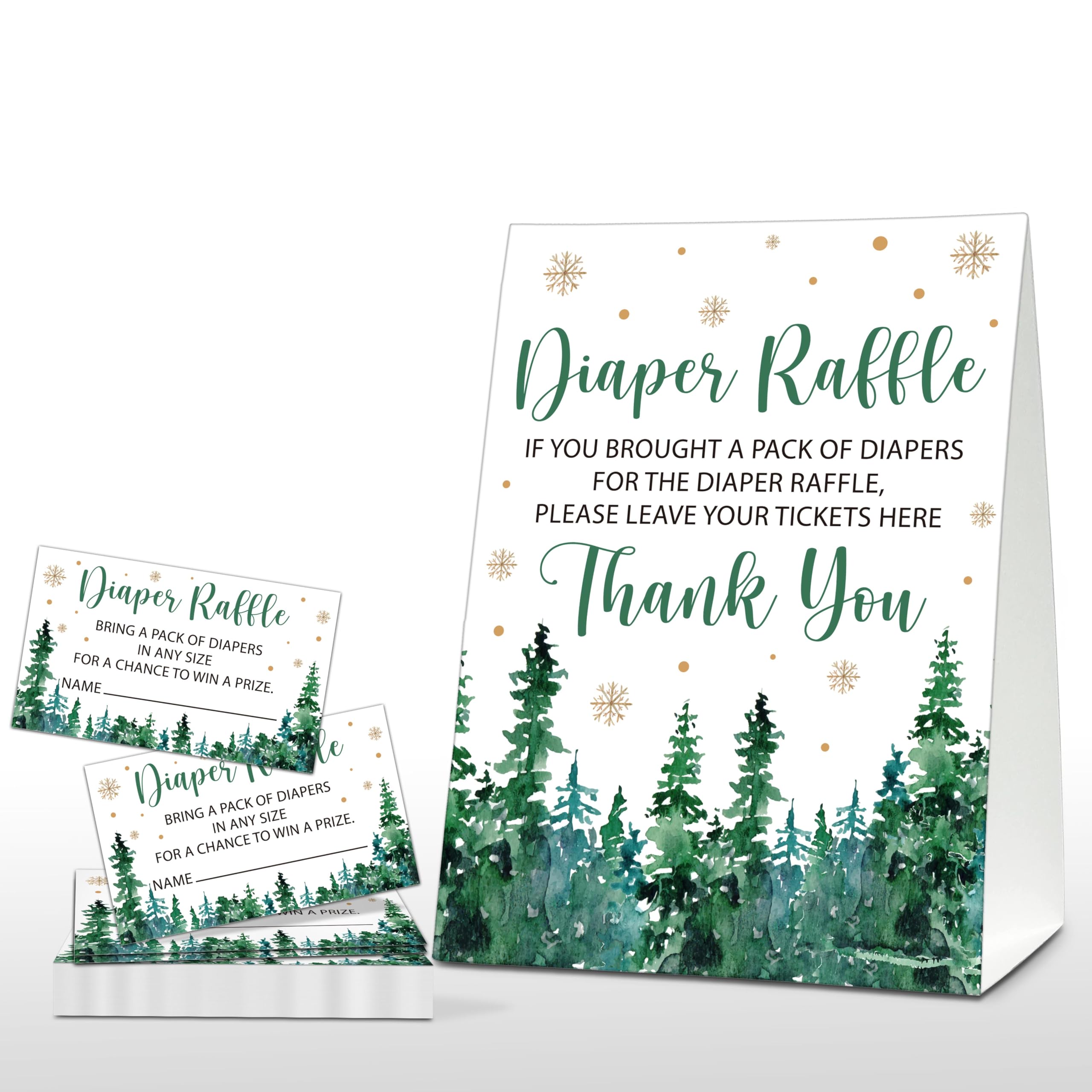 Winter Woodland Diaper Raffle Game, Christmas Baby Shower Game Sign, Christmas Gender Neutral Party Favors, Winter Party Decorations Favors (1 Sign + 50 Raffle Tickets) - A07