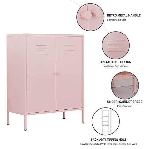 LINGZOE 2 Door Pink Metal Locker Storage Accent cabinets with Doors and Shelves, Steel Cupboard lockers for Kids Bedroom