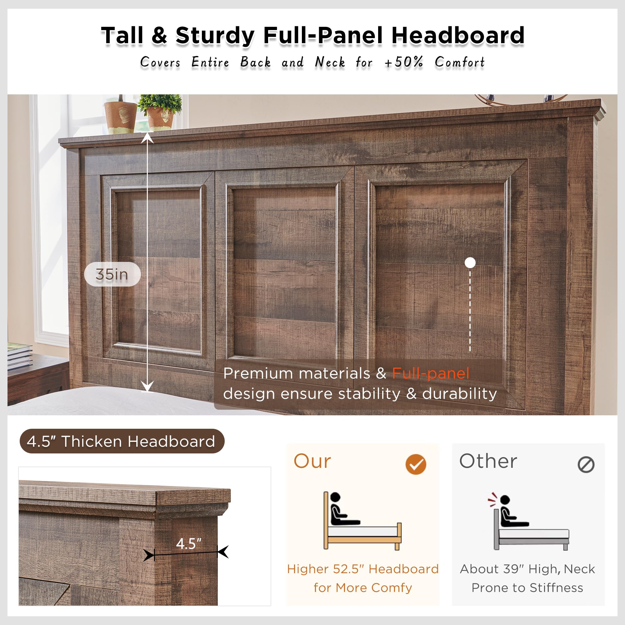 ACCOHOHO Farmhouse Full Size Bed Frame with 52" Tall Full-Panel Headboard, Wood Platform Bedframe with Footboard and Storage Drawers, No Squeak, No Box Spring Needed, Brown