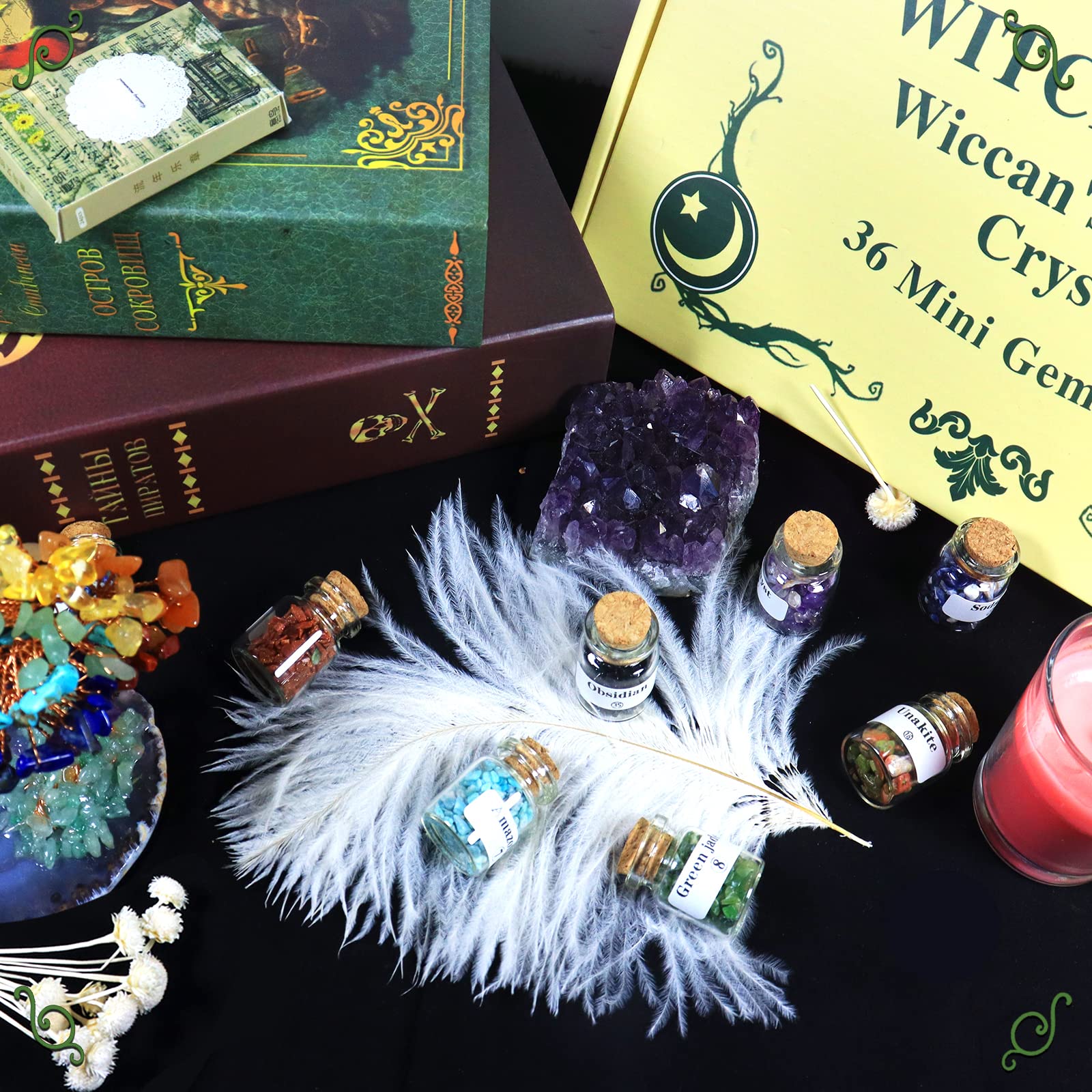 AMill 36 Bottles Nature Crystal Chips, Small Crystals for Witchcraft & Healing, Mini Gemstones Set for Wiccan Rituals and Spell Jars, 36 Bottles Crystals & Healing Stones for Altar Rituals.