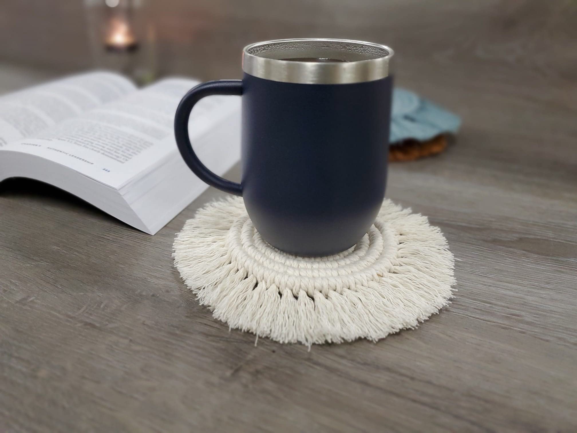 Saurya 100% Cotton Hand Knitted Bohemian Macrame Coasters for Table, Desk, Wall, Garden | Set of 2 | Moisture Absorbent | Protects Surface from Stains | Great for Gifting (Ivory)