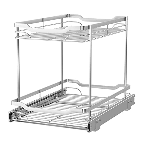 Amazer Pull Out Cabinet Organizer, 2 Tier Pull Out Drawers for Kitchen Cabinets, Slide Out Pantry Shelves 14.2"D×20"W Sturdy Cabinet Organizer Pull Out Drawers, Cabinet Pull Out Shelves Metal-Chrome
